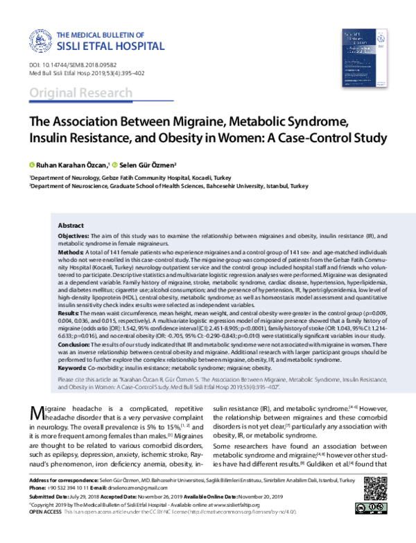 (PDF) The association between migraine, metabolic syndrome, insulin resistance, and obesity in ...