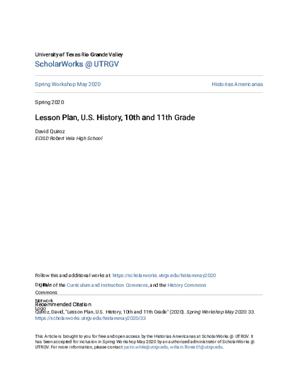 (PDF) Lesson Plan, U.S. History, 10th and 11th Grade