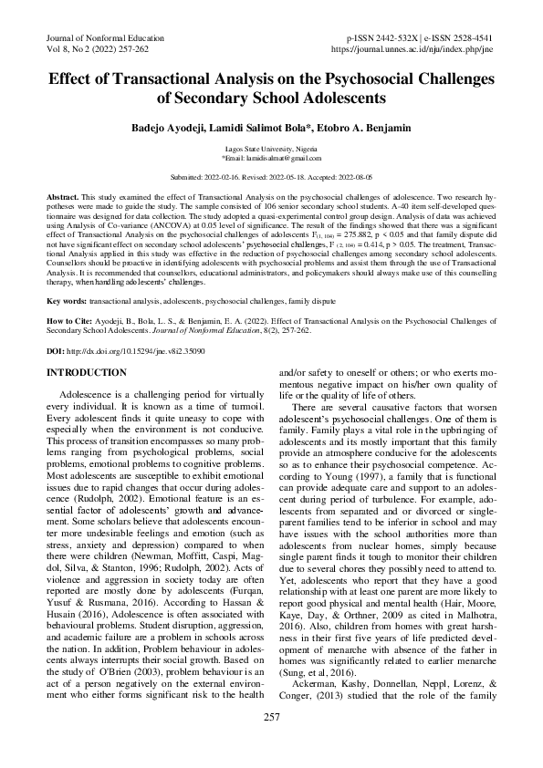 (PDF) Effect of Transactional Analysis on the Psychosocial Challenges of Secondary School ...