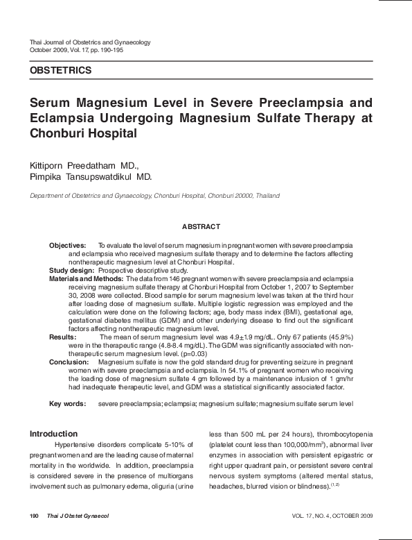 (PDF) OBSTETRICS Serum Magnesium Level in Severe Preeclampsia and ...