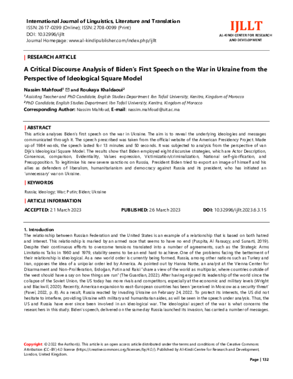 (PDF) A Critical Discourse Analysis of Biden’s First Speech on the War ...