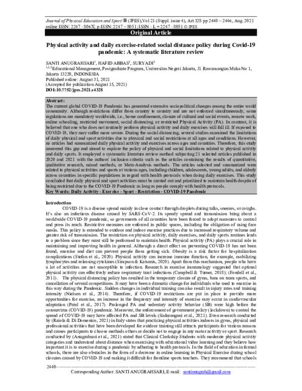 (PDF) Physical activity and daily exercise-related social distance policy during covid-19 ...