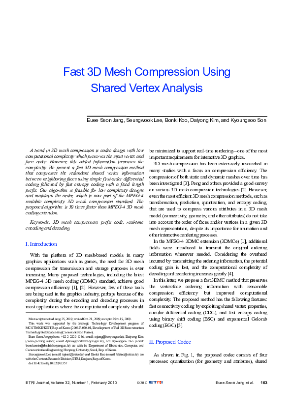 Pdf Fast 3d Mesh Compression Using Shared Vertex Analysis Daiyong