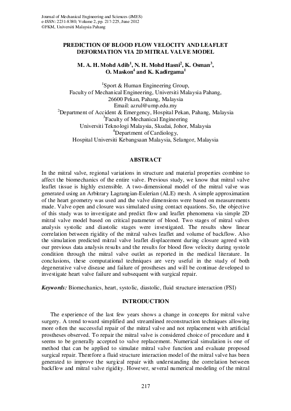 (PDF) Prediction of Blood Flow Velocity and Leaflet Deformation Via 2D Mitral Valve Model