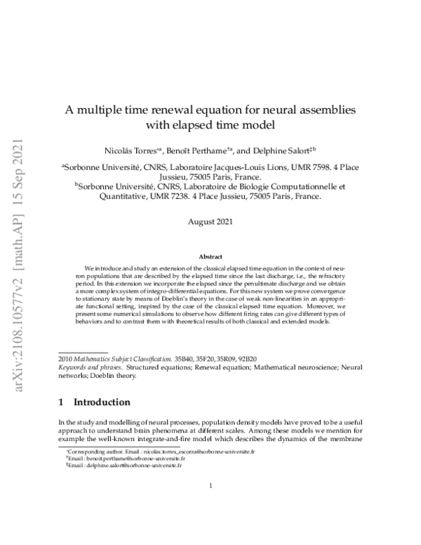 (PDF) A multiple time renewal equation for neural assemblies with elapsed time model