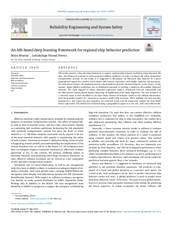 (PDF) An AIS-based deep learning framework for regional ship behavior prediction