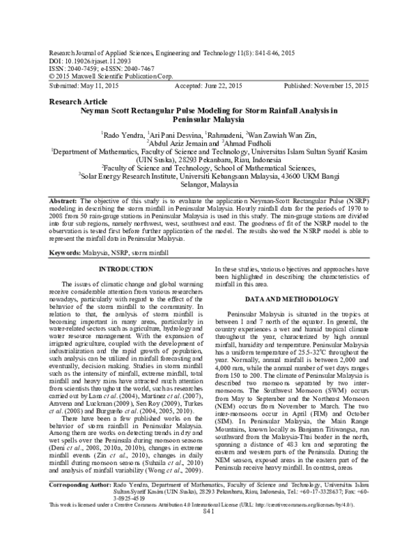 (PDF) Neyman Scott Rectangular Pulse Modeling for Storm Rainfall Analysis in Peninsular Malaysia