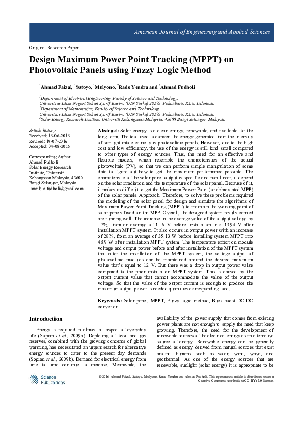 Pdf Design Maximum Power Point Tracking Mppt On Photovoltaic Panels Using Fuzzy Logic Method