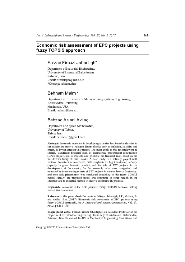 (PDF) Economic risk assessment of EPC projects using fuzzy TOPSIS approach