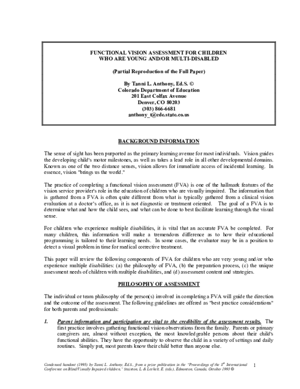 (PDF) Functional Vision Assessment for Children Who Are Young And/Or ...