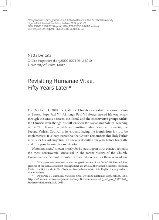(PDF) Revisiting Humanae Vitae, fifty years later