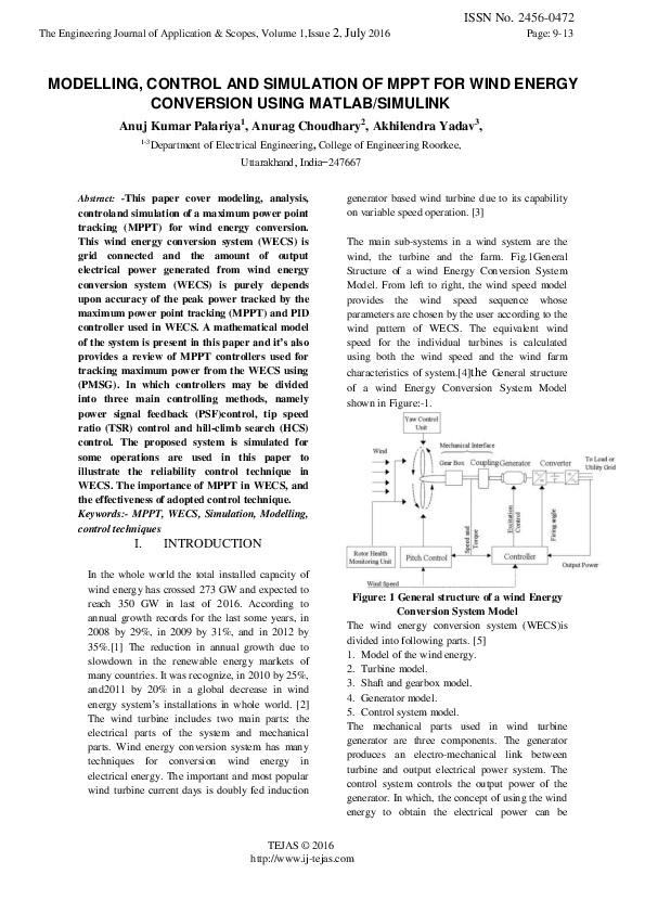 Pdf Modelling Control And Simulation Of Mppt For Wind Energy Conversion Using Matlab