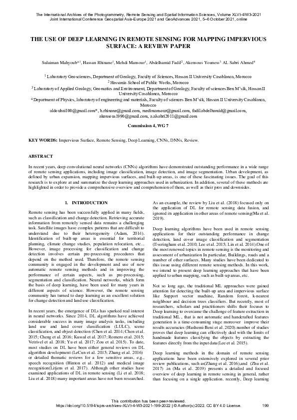 (PDF) The Use of Deep Learning in Remote Sensing for Mapping Impervious Surface: A Review Paper