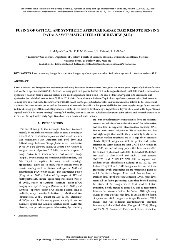 Pdf Fusing Of Optical And Synthetic Aperture Radar Sar Remote Sensing Data A Systematic