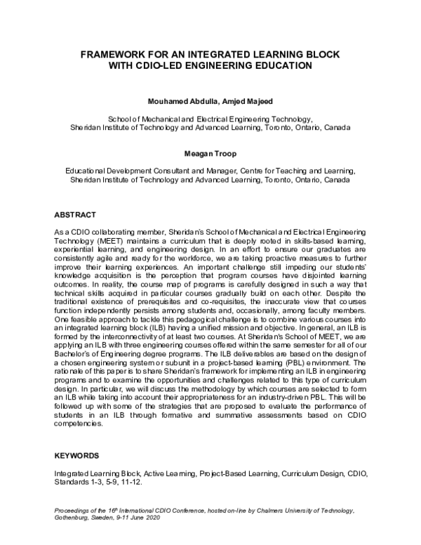 (PDF) Framework for an Integrated Learning Block with CDIO-led ...