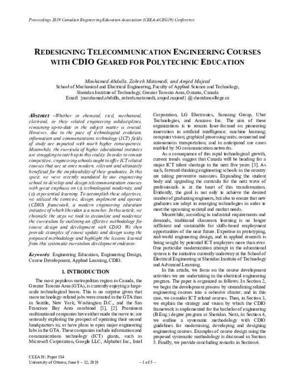 (PDF) Redesigning Telecommunication Engineering Courses with Cdio Geared for Polytechnic Education