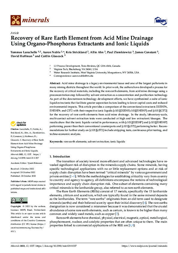 (PDF) Recovery of Rare Earth Element from Acid Mine Drainage Using Organo-Phosphorus Extractants ...