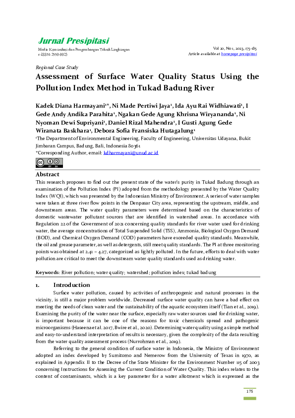 Pdf Assessment Of Surface Water Quality Status Using The Pollution Index Method In Tukad
