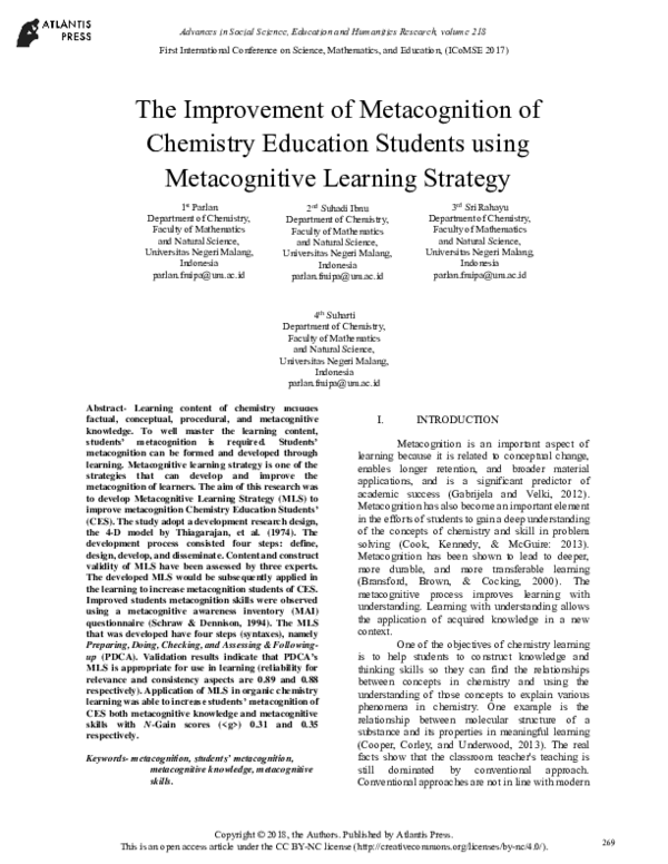 (PDF) The Improvement of Metacognition of Chemistry Education Students using Metacognitive ...