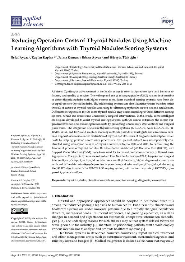 Pdf Reducing Operation Costs Of Thyroid Nodules Using Machine Learning Algorithms With Thyroid
