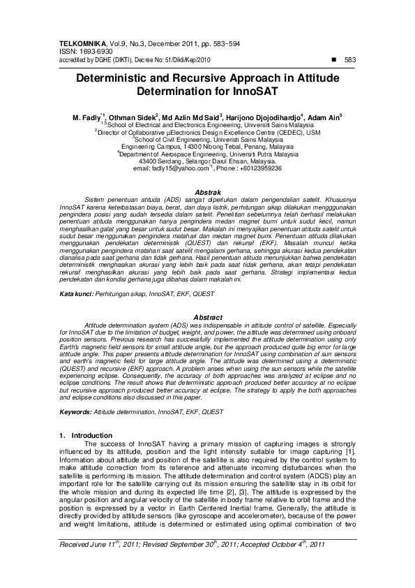 (PDF) Deterministic and Recursive Approach in Attitude Determination for InnoSAT