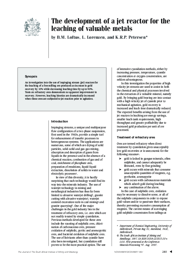 (PDF) The development of a jet reactor for the leaching of valuable metals