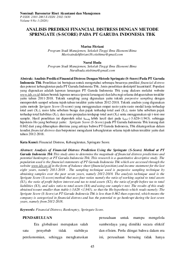 (PDF) Analisis Prediksi Financial Distress Dengan Metode Springate (S ...