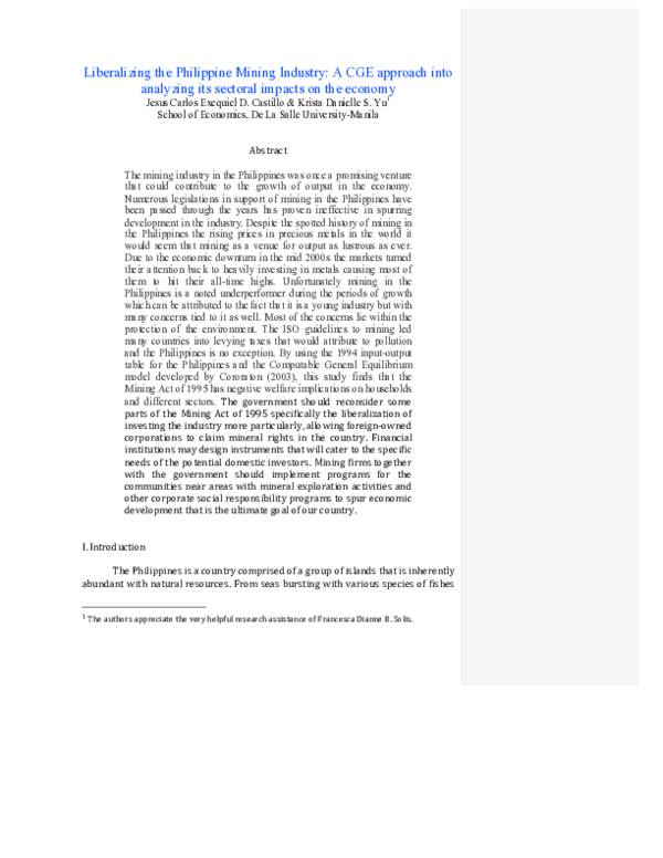 (PDF) Liberalizing the Philippine Mining Industry: A CGE approach into ...