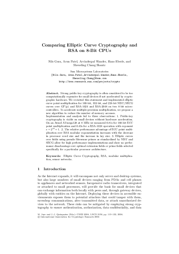 (PDF) Comparing Elliptic Curve Cryptography and RSA on 8-bit CPUs