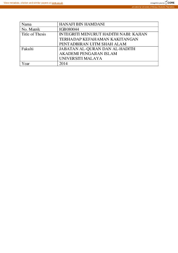 (PDF) Integriti menurut Hadith Nabi : kajian terhadap kefahaman ...