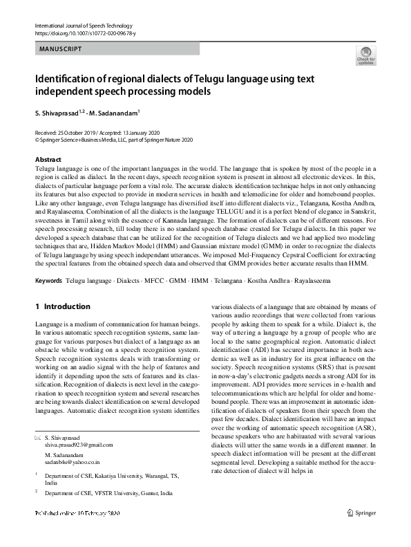 (PDF) Identification of regional dialects of Telugu language using text independent speech ...
