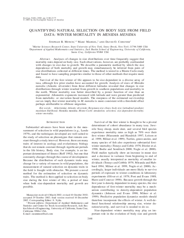 (PDF) Quantifying Natural Selection on Body Size from Field Data: Winter Mortality in Menidia ...