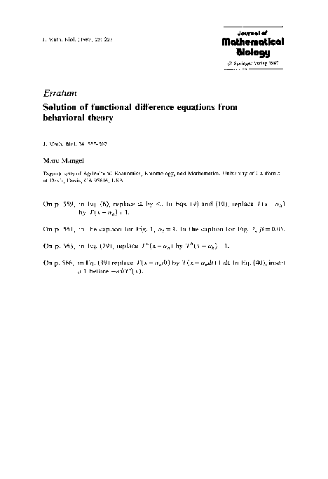 (PDF) Solution of functional difference equations from behavioral theory | Marc Mangel ...