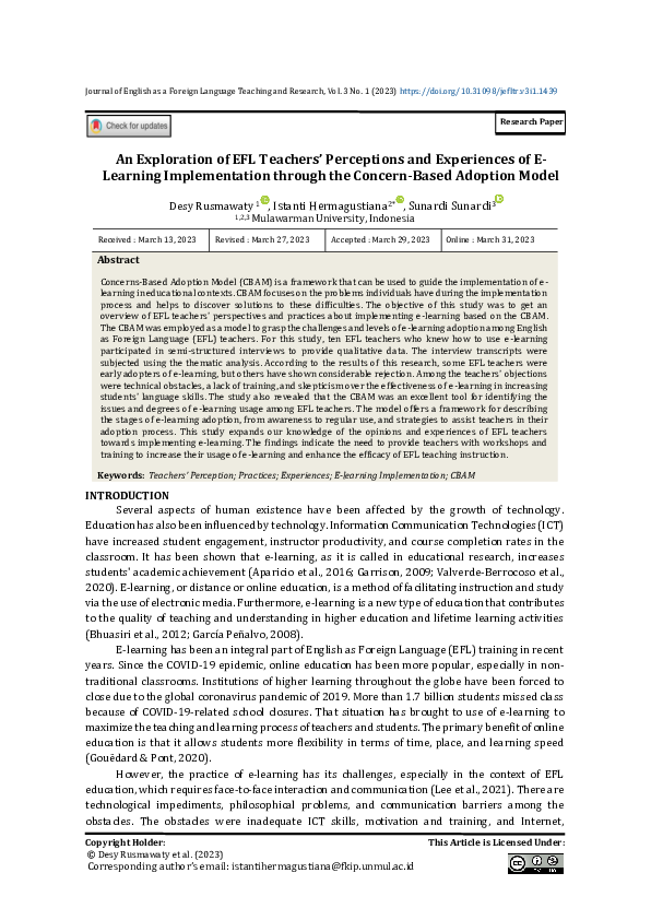 (PDF) An Exploration of EFL Teachers’ Perceptions and Experiences of E-Learning Implementation ...