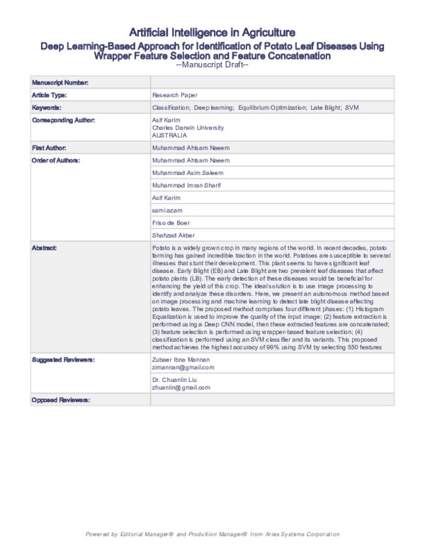 (PDF) Artificial Intelligence in Agriculture Deep Learning-Based Approach for Identification of ...
