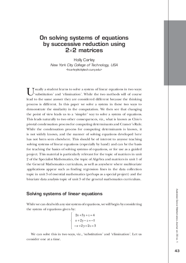 (PDF) On solving systems of equations by successive reduction using 2 2 ...