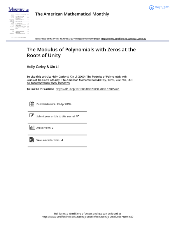(PDF) The Modulus of Polynomials with Zeros at the Roots of Unity