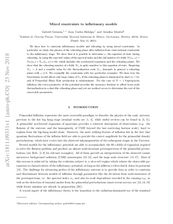 (PDF) Mixed constraints to inflationary models | Gabriel German - Academia.edu