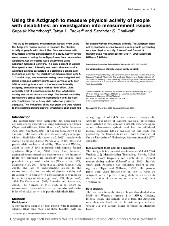(PDF) Using the Actigraph to measure physical activity of people with ...