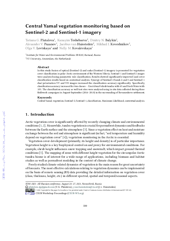 Pdf Central Yamal Vegetation Monitoring Based On Sentinel 2 And Sentinel 1 Imagery