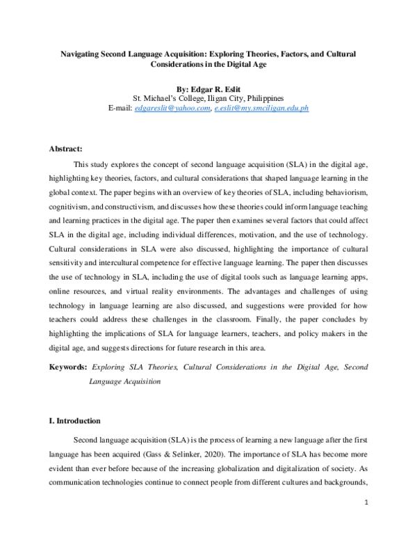 (PDF) Navigating Second Language Acquisition: Exploring Theories ...