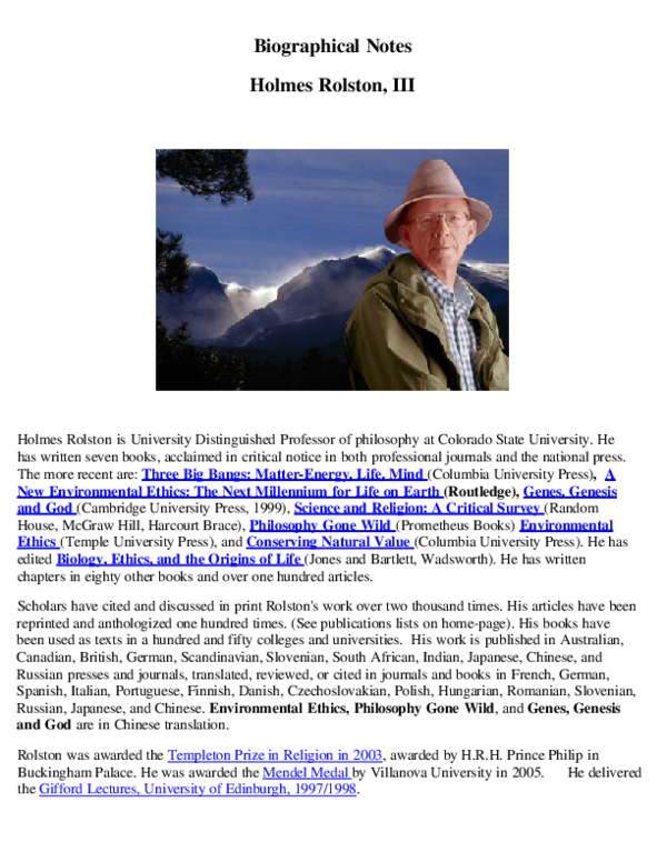 Biographical notes : Holmes Rolston, III