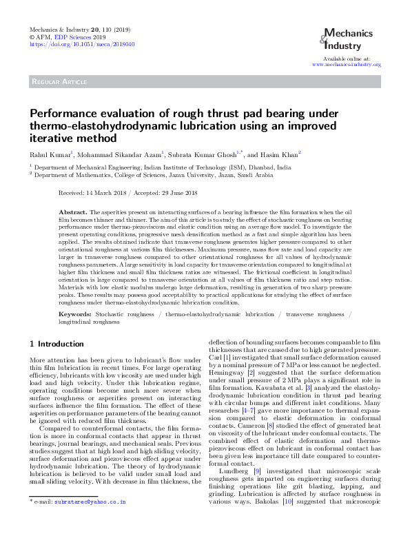 (PDF) Performance evaluation of rough thrust pad bearing under thermo-elastohydrodynamic ...