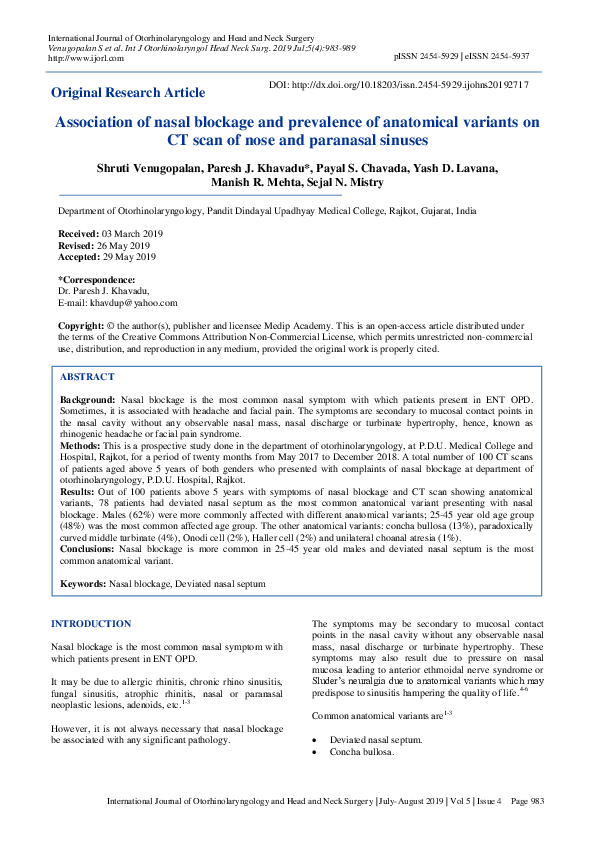 (PDF) Association of nasal blockage and prevalence of anatomical ...