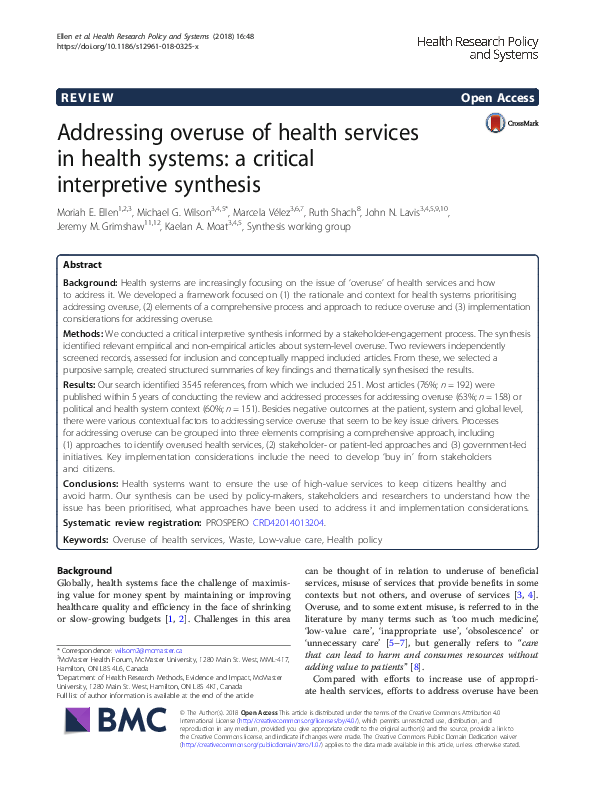 (PDF) Addressing overuse of health services in health systems: a ...