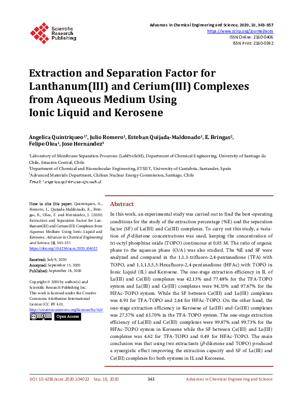 (PDF) Extraction and Separation Factor for Lanthanum(III) and Cerium ...