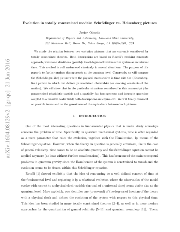 Evolution in totally constrained models: Schrödinger vs. Heisenberg ...