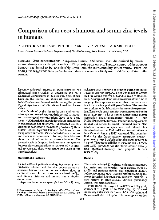 (PDF) Comparison of aqueous humour and serum zinc levels in humans