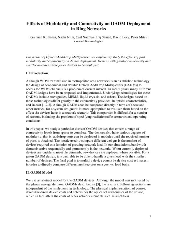 (PDF) Effects of modularity and connectivity on OADM deployment in ring networks