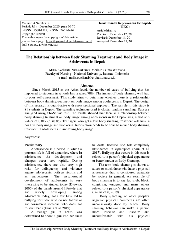 (PDF) The Relationship between Body Shaming Treatment and Body Image in Adolescents in Depok